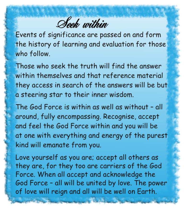 “Seek within” – channelled spiritual message from The Circle of The Light of The Love Energy ...